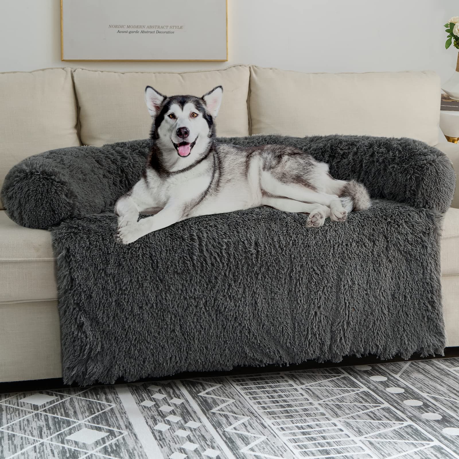 Syalife Shaggy Plush Calming Dog Couch Bed Pet Protector, Fluffy Waterproof Lining and Nonskid Bottom, Dog Mat for Furniture Protector with Washable Cover(55"x43"x8", Light Gray)
