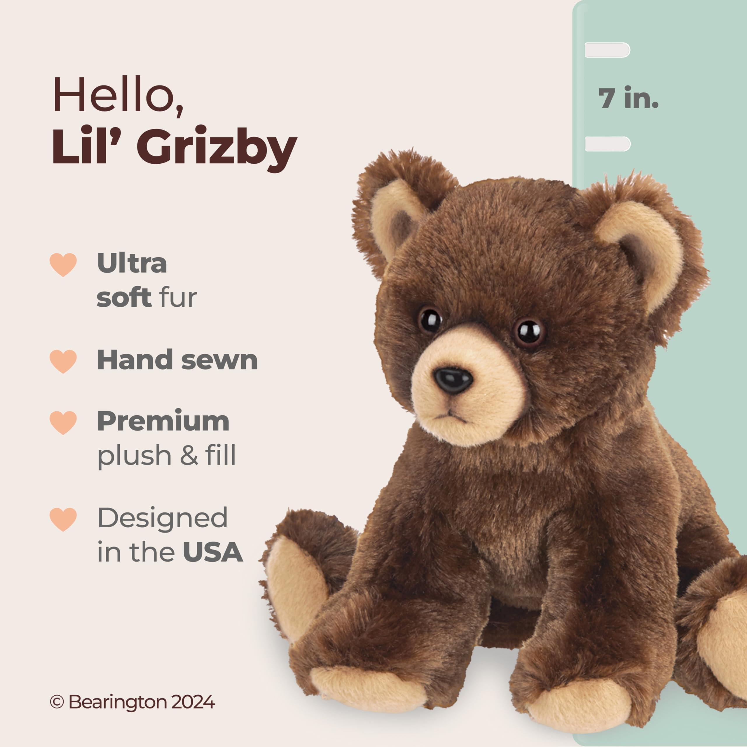 Bearington Lil' Grizby The Brown Grizzly Teddy Bear Plush, 7 Inch Bear Stuffed Animal
