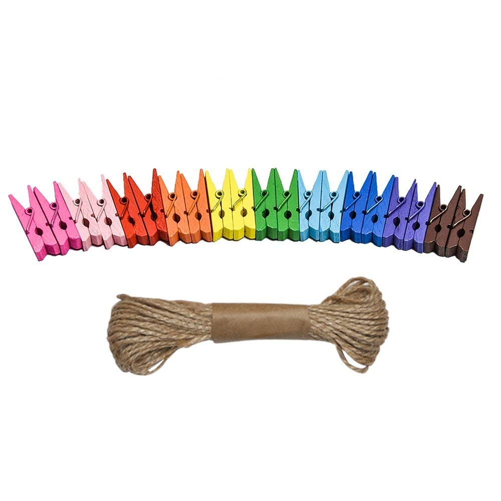 EBOOT Mini Natural Wooden Clothespins Photo Paper Peg Pin Craft Clips with Natural Twine, 100 Pieces (10 Colors)