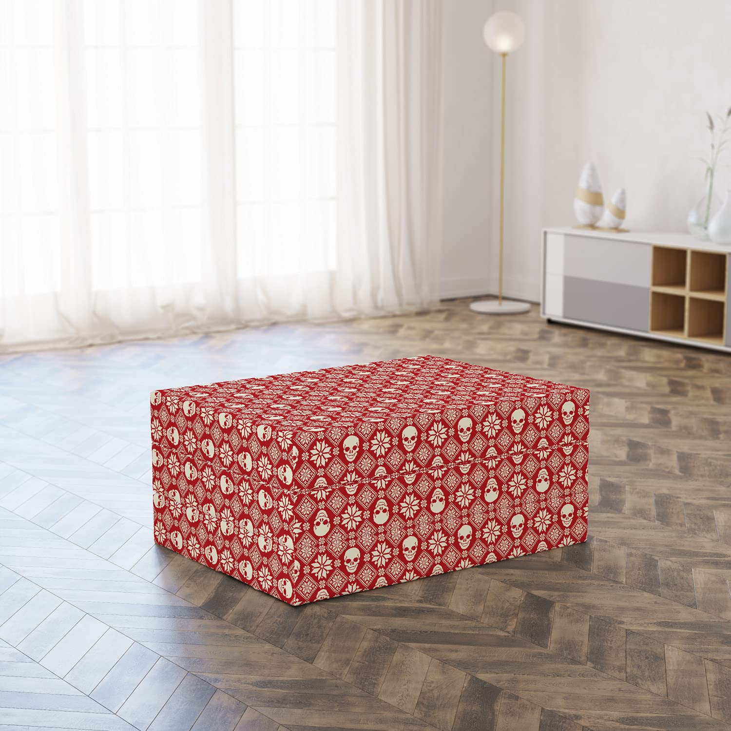 Ambesonne Nordic Foldable Mattress, Needlework Skull Motif, 74.8" x 35.4", Red Beige