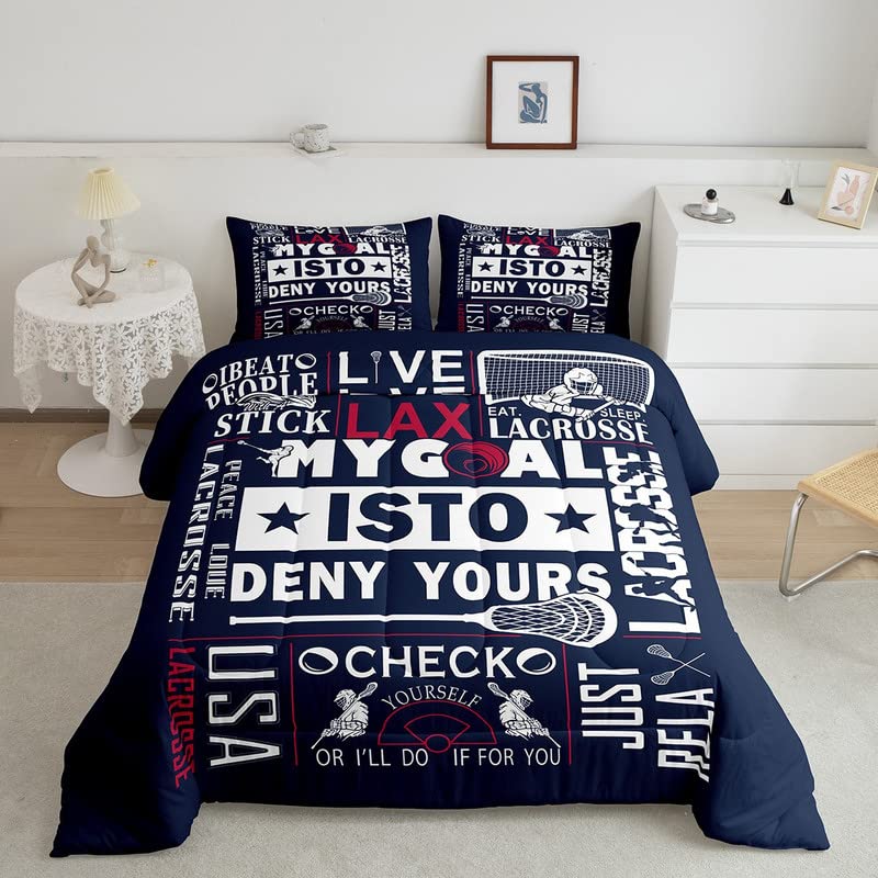 jejeloiu Lacrosse Comforter Set for Girls Boys Sports Game Comforter DecorLacrosse Ball Bedding Set Gift for Lacrosse Lover Navy Blue Duvet Set Twin Size 2Pcs Quilt Boys
