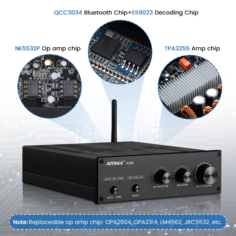 AIYIMA A300 NE5532*4+QCC3034+TPA3255 Bluetooth5.0 300w*2 Power Amplifier Support aptx-hd 2.0/2.1 Channel Amp with Active Subwoofer Output for Passive Speaker Home Audio