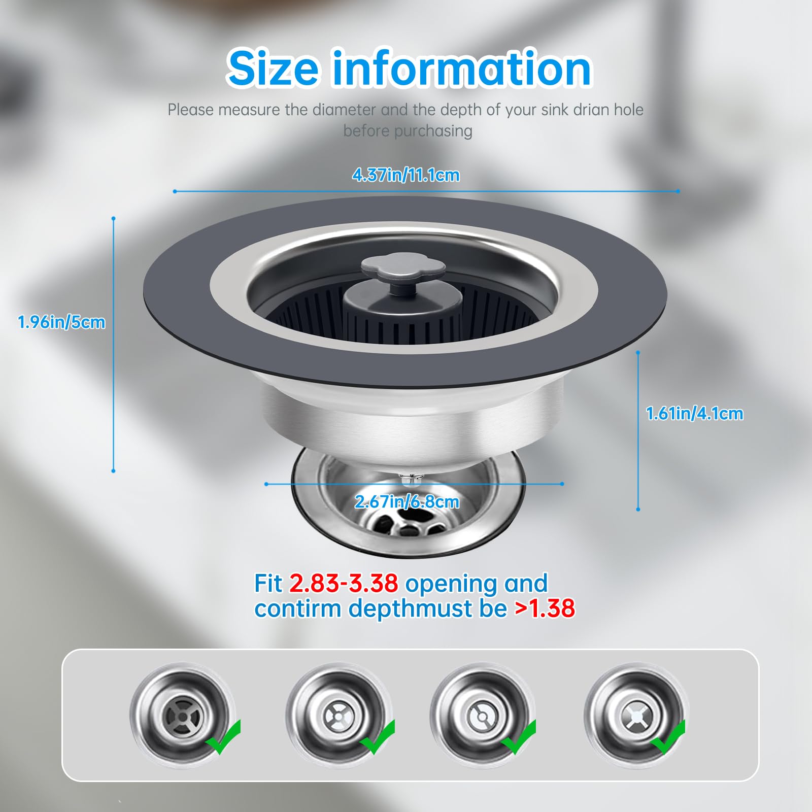 AKKEEAHS Kitchen Sink Drain Strainer Stopper 304 Stainless Steel Pop Up Kitchen Sink Stopper Anti-Clogging Kitchen Sink Strainer Basket Filter for US Standard 3-1/2 Inch Drain