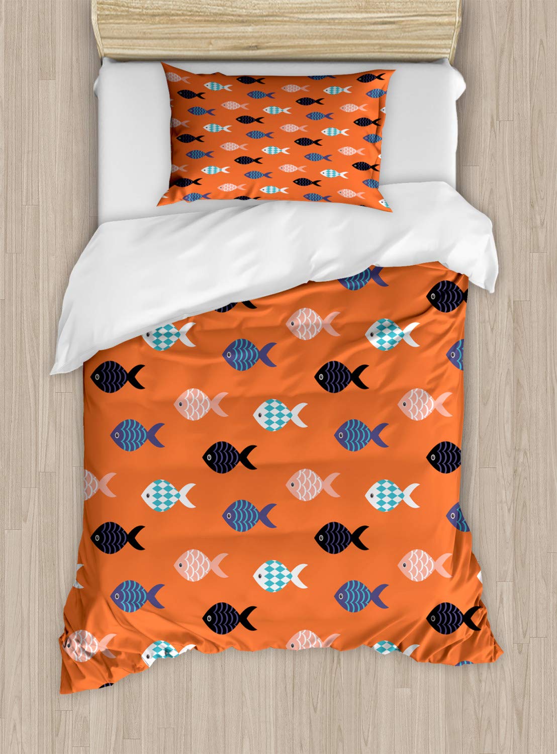 Ambesonne Peach Duvet Cover Set, Fishes Motif Nautical Marine Sea Underwater Creature Animal Aquarium, Decorative 2 Piece Bedding Set with 1 Pillow Sham, Twin Size, Coral Blue