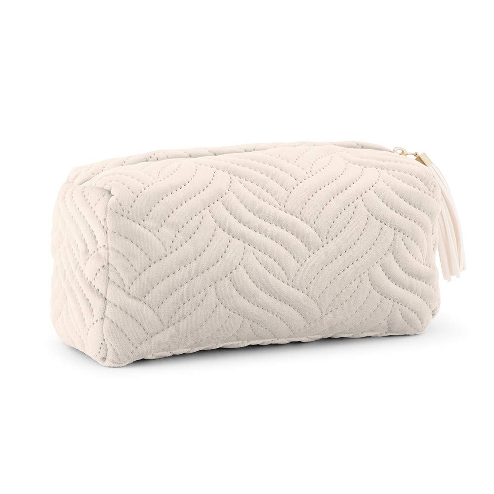 WEDDINGSTAR Small Personalized Velvet Quilted Makeup Bag For Women - Ivory Beige