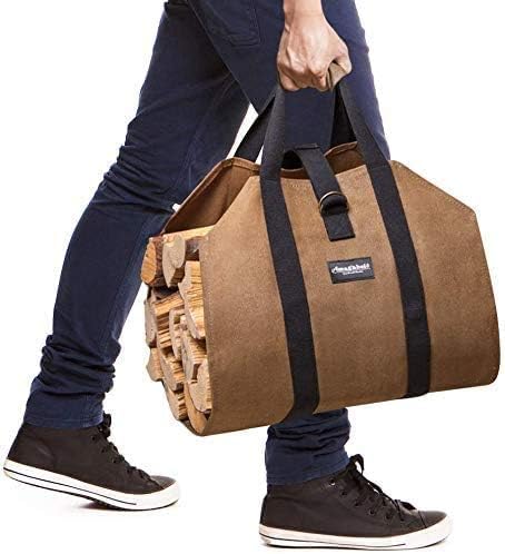 AMAGABELI GARDEN & HOME Fireplace Carrier Waxed Canvas Fire Place Sturdy Wood Carring Bag with Handles Security Strap for Camping Indoor Firewood Logs Tote Log Holder Birchwood Stand