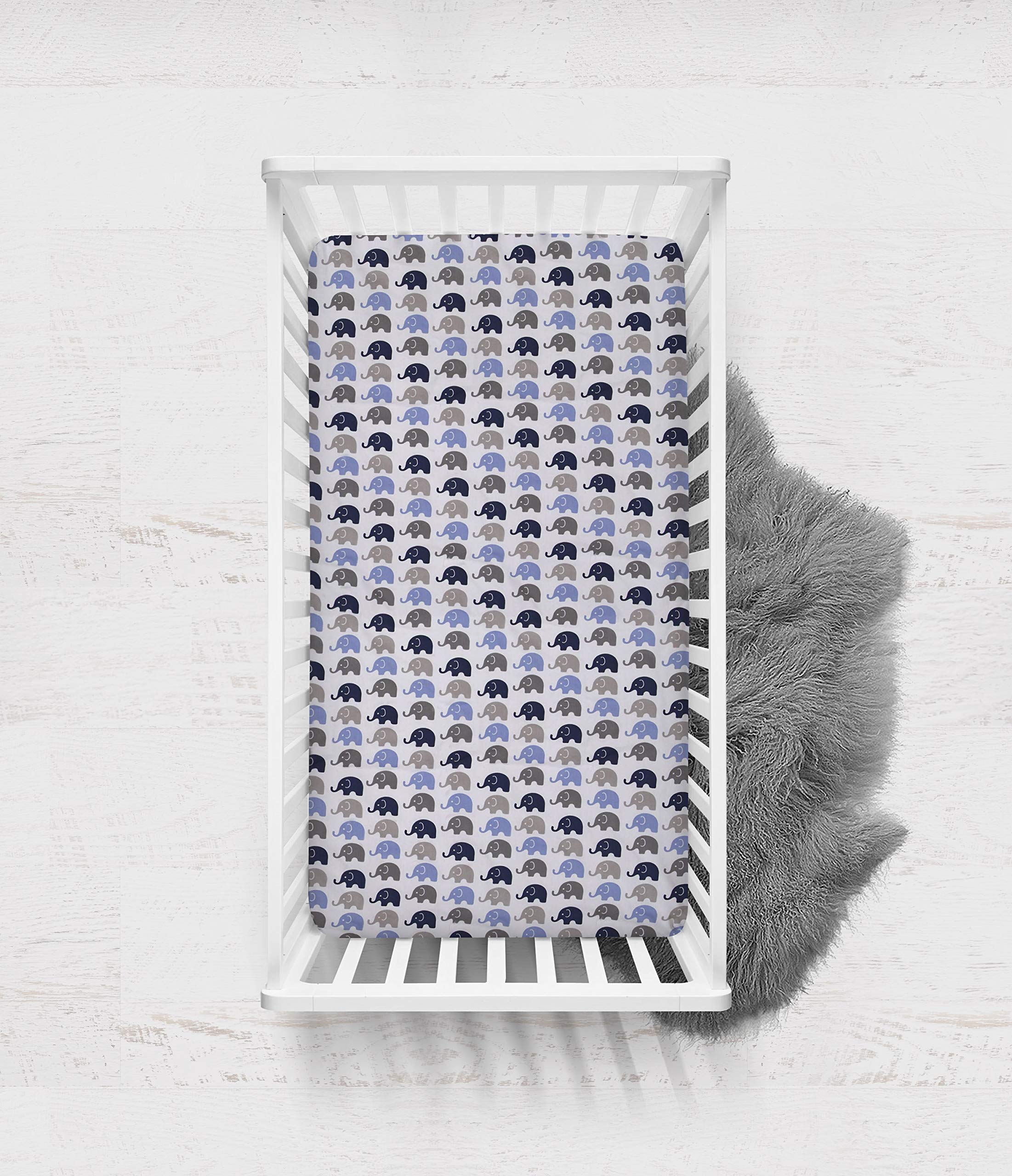 Bacati - Elephant Blue, Navy, Grey 100% Cotton Boys Universal Baby Crib or Toddler Bed Fitted Sheet