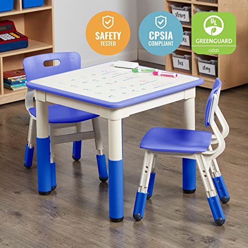 ECR4Kids Dry-Erase Square Activity Table with 2 Chairs, Adjustable, Kids Furniture, Blue, 3-Piece
