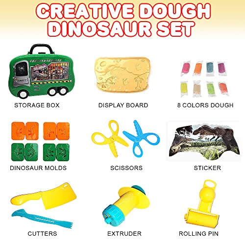 ArtCreativity Dinosaur Theme Modeling Clay Playset on Wheels, Play Dough Activity Kit with 10 Dinosaur Molding Accessories, 8 Dough Colors, & Travel Case, Safe & Non-Toxic for Kids, Great Gift Idea