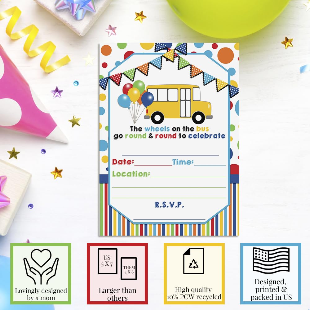 Amanda Creation Wheels on the Bus Themed Birthday Party Fill In Invitations set of 20 with envelopes