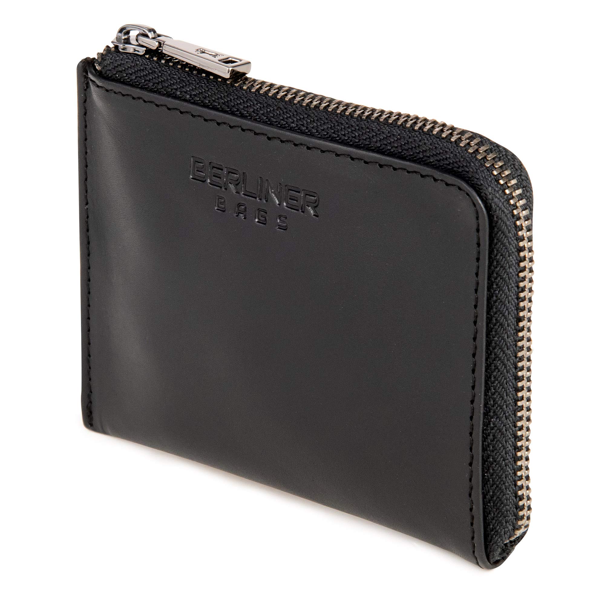 BERLINER BAGS Premium Mini Wallet Mark Flat Purse with Zipper Genuine Leather Small Case Ladies Men Thin Slim (Brown)