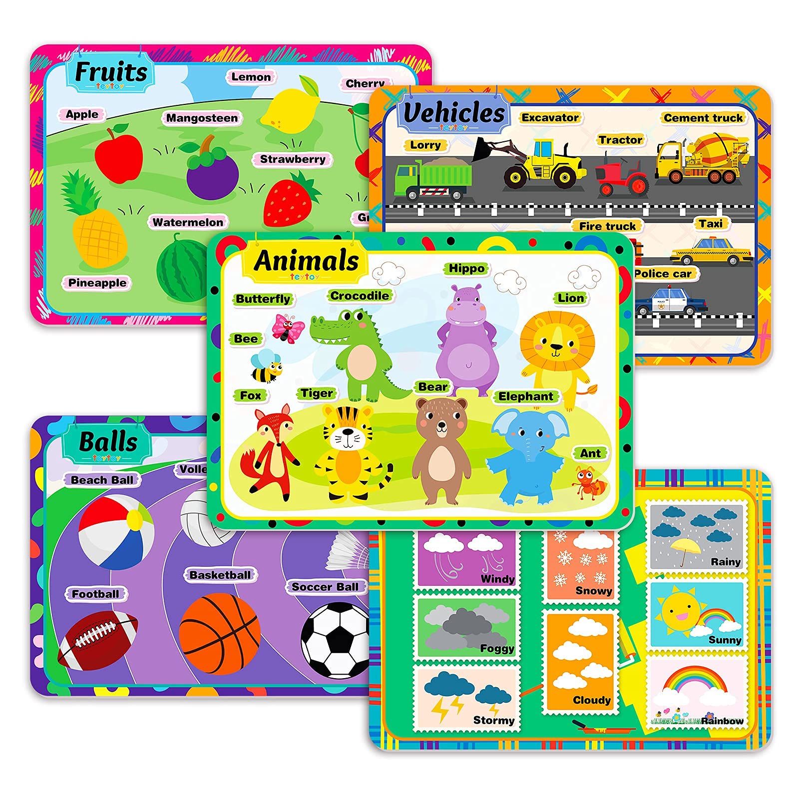 teytoy Kids Placemats Set of 5, Laminated Toddler Educational Learning Table Place Mats, Ball Weather Animal Fruit Vehicle, Children Montessori Eat Mat Non Slip Waterproof Heat Resistant