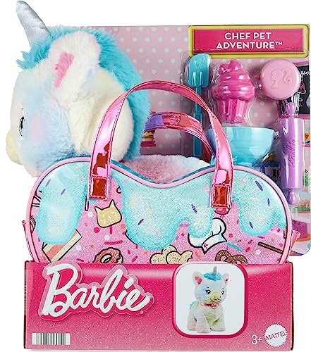 Barbie Stuffed Animals, Unicorn Toys, Plush Unicorn with Dessert-Themed Purse Playset and 5 Accessories, Chef Pet Adventure