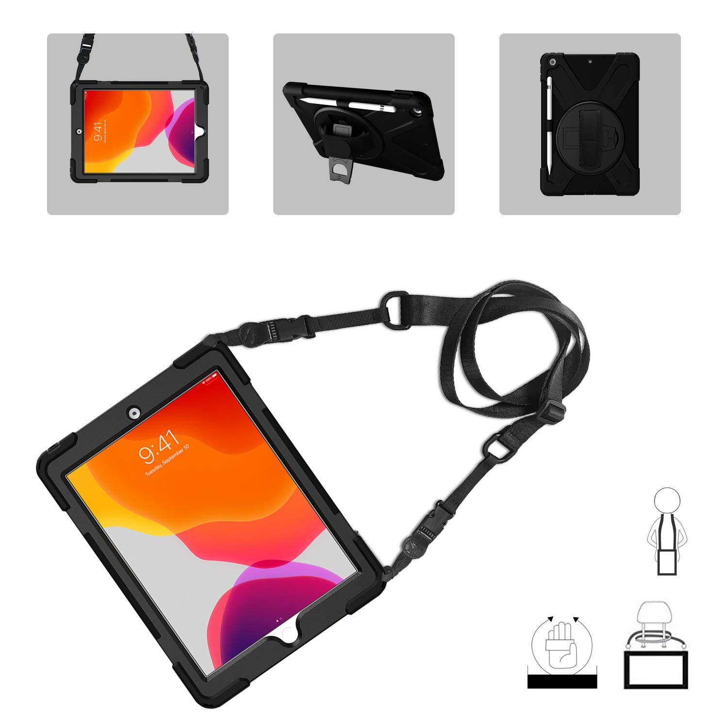 ProCase Rugged Case for iPad 9th/ 8th/ 7th Generation 10.2" (2021/2020/2019), Heavy Duty Shockproof Protective Cover with Strap for iPad 9/8/7 -Black