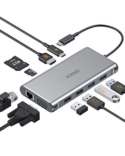 USB C Hub VGA Adapter, YIYOO 10-in-1 Docking Station with Ethernet 1000Mbps, VGA, 4K USB C to HDMI, 2 USB 3.0, 2 USB 2.0, Micro SD/TF Card Reader, USB-C PD 3.0, Compatible for Laptops, Computers