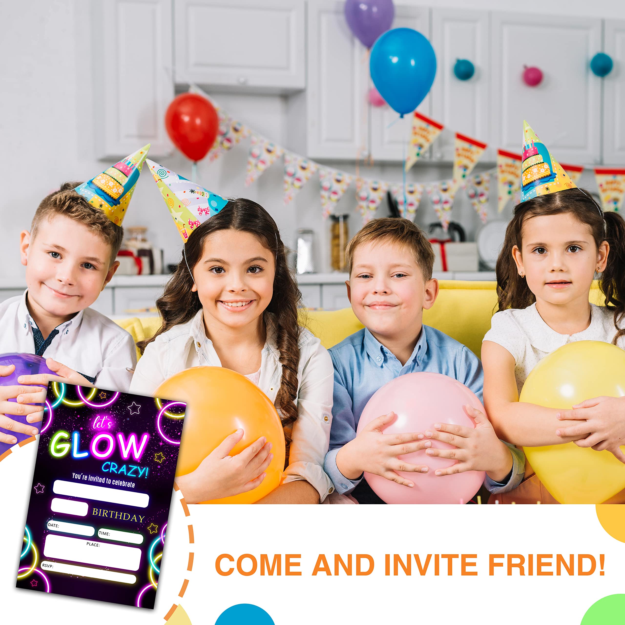 DETIHO 4" x 6" Glow Theme Birthday Party Invitation Cards With Envelopes - Let's Glow Crazy - Neon Party Invitation - 20 Sets - E22