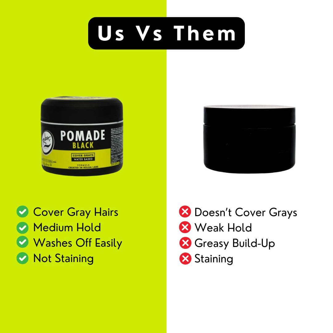 Rolda Black Pomade - Medium Hold With Radiant Shine - Grey Hair Coverage - Water-Based, All-Day, Flake-Free Formula
