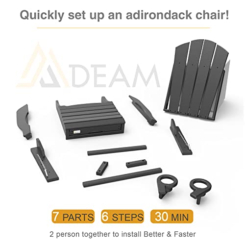 Mdeam Folding Adirondack Chair Lawn Outdoor Fire Pit Chairs Weather Resistant with 2 Cup Holder/Adirondack Retractable Ottoman(Black)