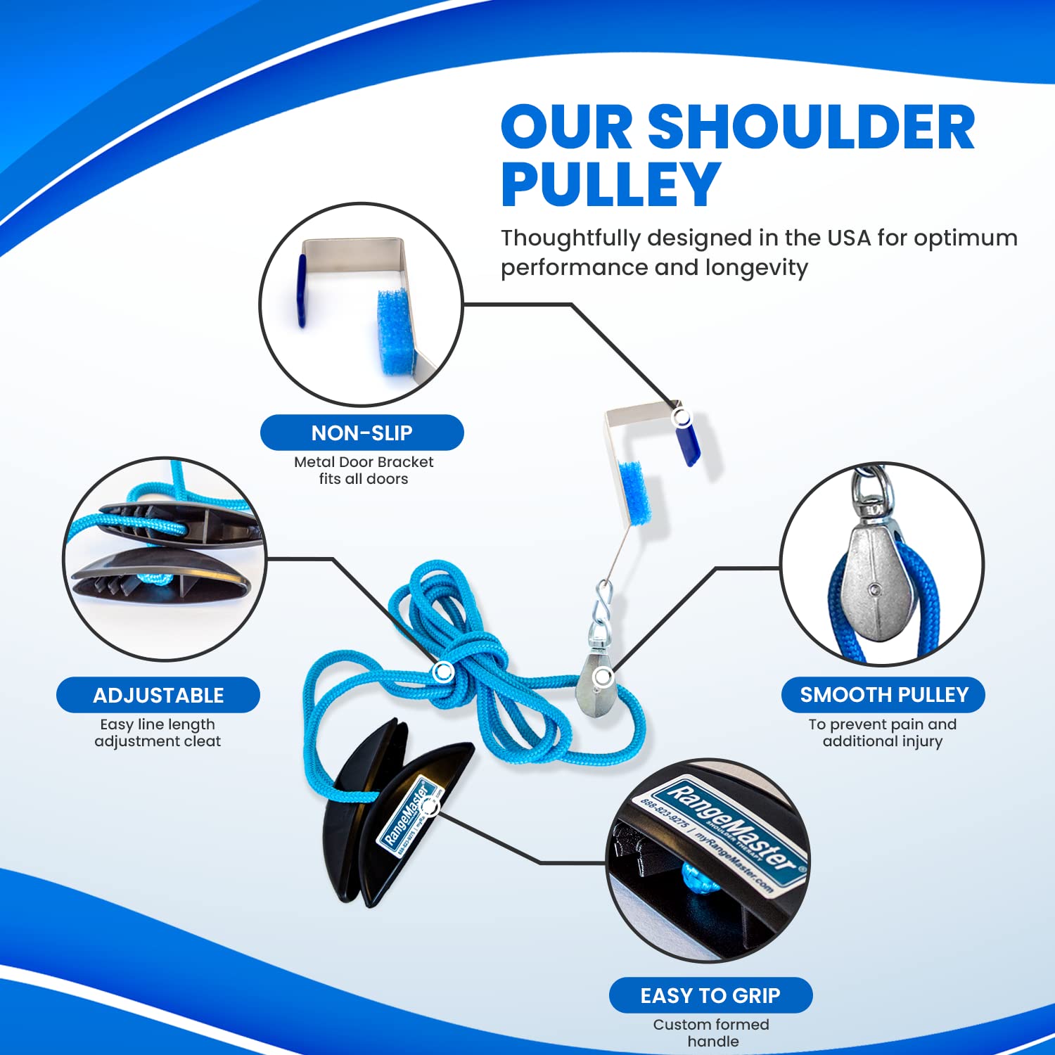 RangeMaster BlueRanger Shoulder Pulley w/ Patient Guide, Aids Recovery, Rehabilitation & Range of Motion | Metal Bracket (FSA/HSA Approved)