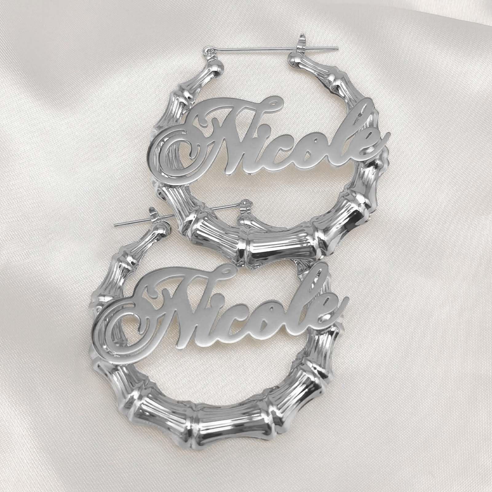 3UMeter Custom Bamboo Hoop Earrings for Women Silver Plated Custom Name Earrings Personalized for Women as a Jewelry Gift