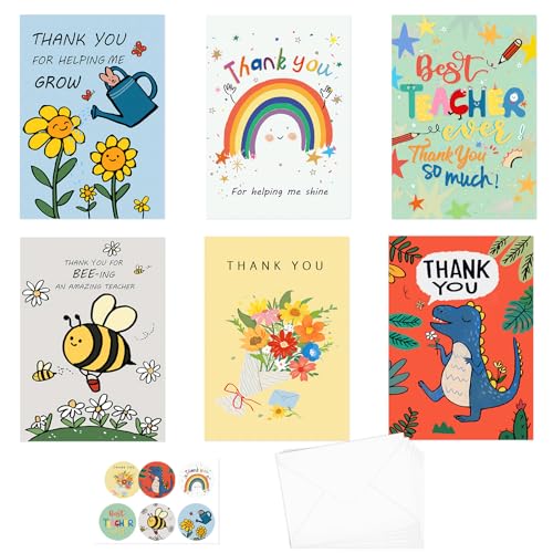 AhfuLife 6 Pcs Teacher Thank You Cards Multipack, 6 Styles Cute Teacher Appreciation Cards Graduation Gift, Including 6 Stickers and 6 Envelops for Teachers' Day, Teacher of the Year Gifts