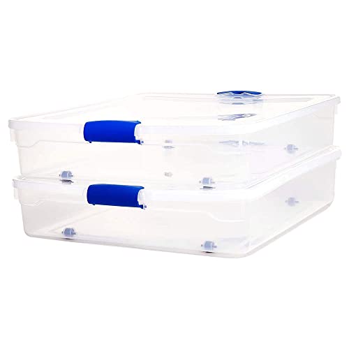 Homz Multipurpose 60 Qt Underbed Secure Latching Clear Plastic Storage Container with Snap-On Lid and Wheels for Home & Office Organization, (2 Pack)