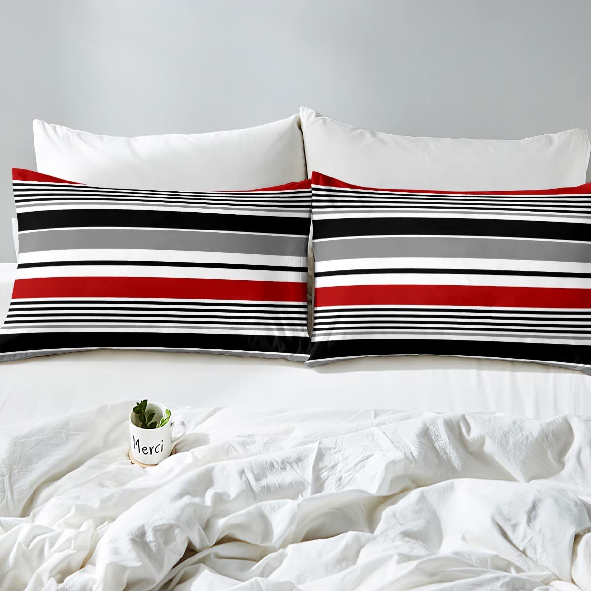 Modern Stripes Bedding Set Twin Size for Kids Boys Bedroom,Red Black Gray Bed Duvet Cover Set,Lines Art Comforter Cover Simplicity Decor 2 Pieces 1 Duvet Cover with 1 Pillowcase No Comforter