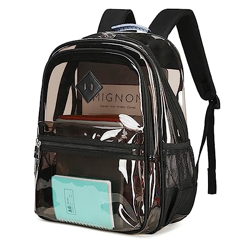 ASKSKY Clear Backpack Stadium Approved, Thriple Compartments Book Bag Heavy Duty Black PVC See Through Backpack for School for College Travel Work Festival, Black and Grey