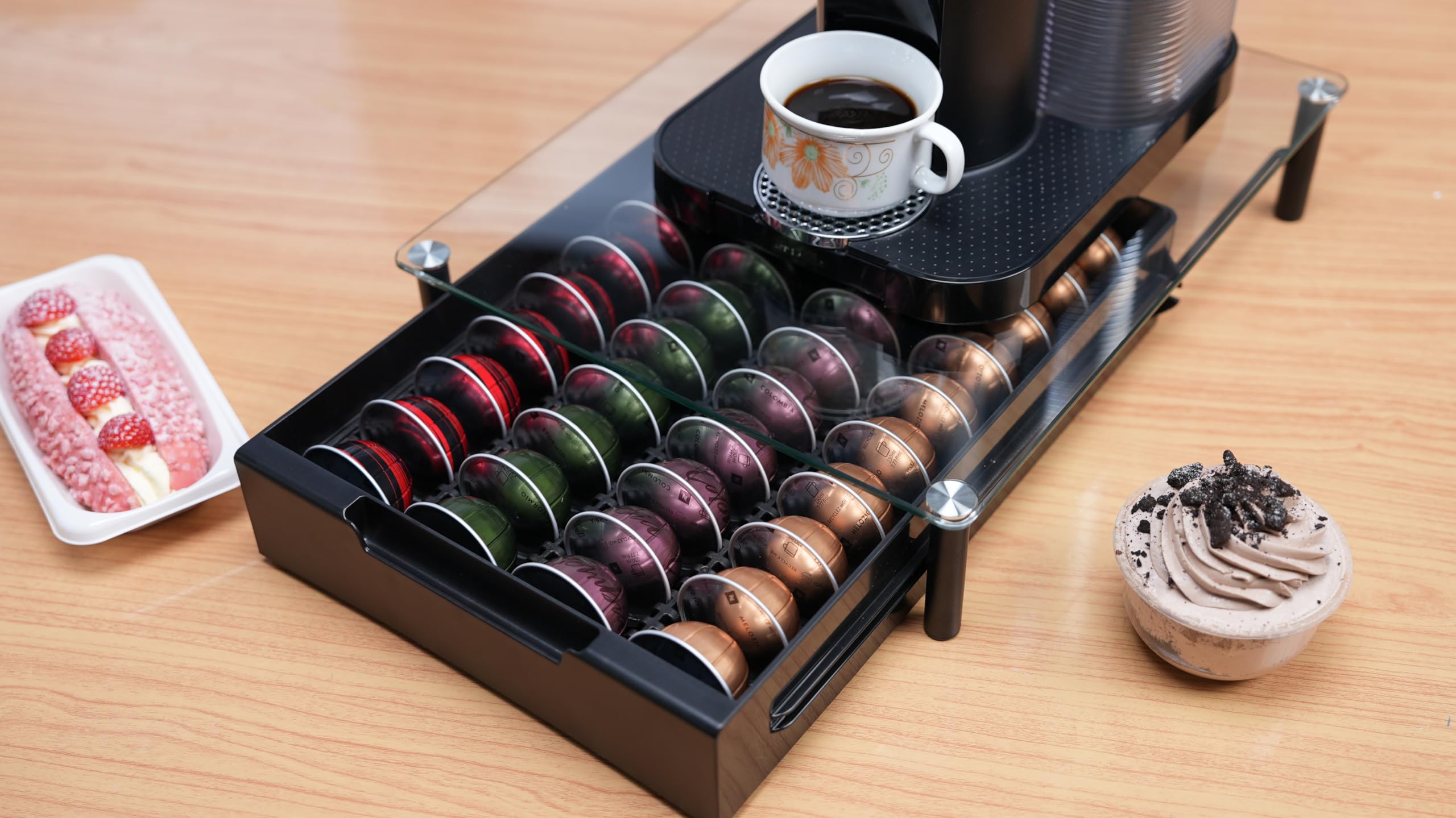 RIOCA Glass Coffee Pod Drawer Holder Organizer Compatible with Nespresso Vertuoline Capsules, Holds 40 Big Pods or 52 Pods, NP01C