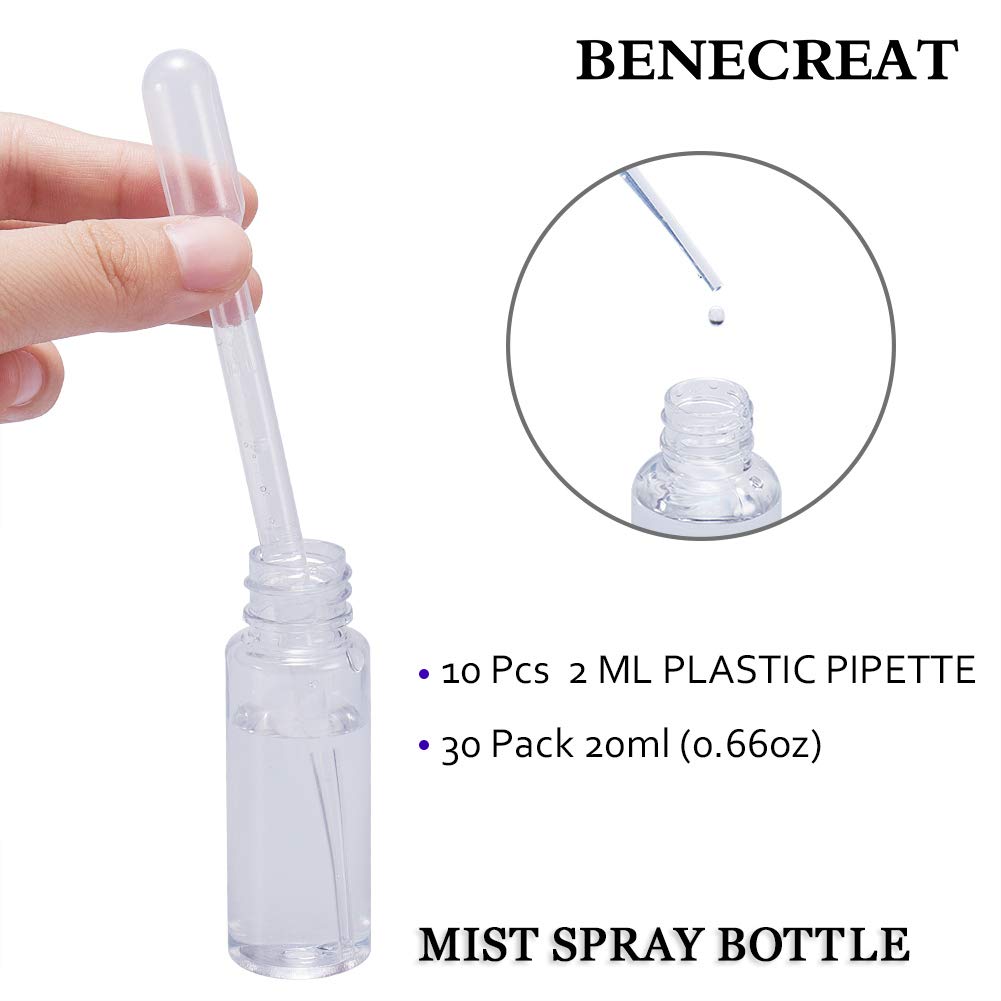 BENECREAT 30 Pack 20ml Fine Mist Spray Bottles Travel Size Bottles Travel Essentials Cosmetic Sample Bottles with 10pcs Plastic Pipettes for Perfume, Essential Oils, Toner