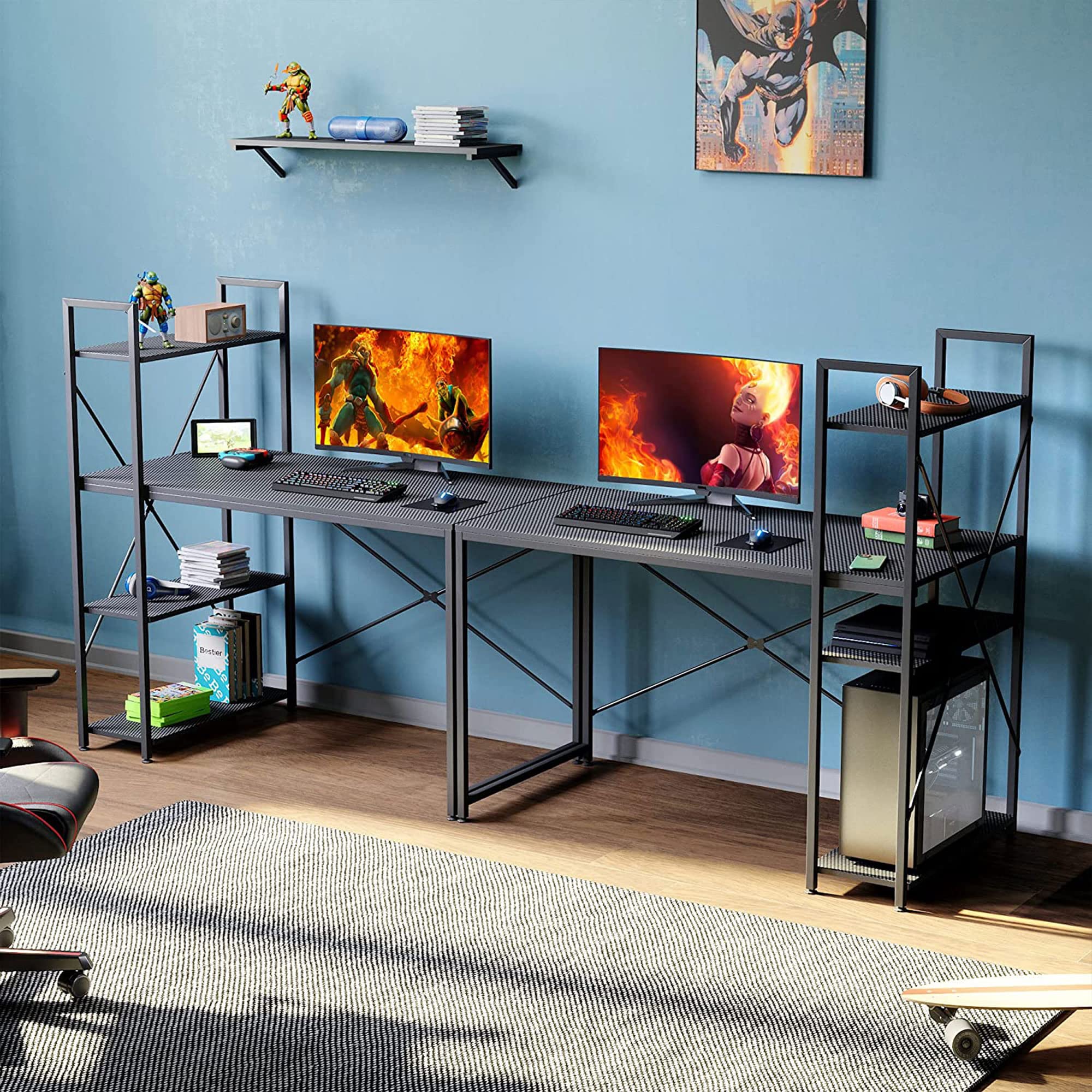 Bestier Computer Desk with Shelves - 47 Inch Small Space Home Office Desks with Bookshelf for Study Writing and Work - Plenty Leg Room and Easy Assemble,Black Carbon Fiber