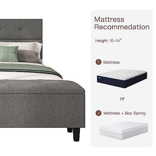 AEZOS Upholstered Queen Size Platform Bed Frame with Headboard and Storage Ottoman, Stitched Button Tufted Mattress Foundation with Wooden Slats Support, No Box Spring Needed, Light Gray