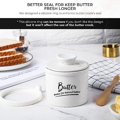 Butter Crock Butter Keeper with Knife and Perfect Silicone Seal French Butter Dish with Lid for Countertop, No More Hard Butter Good Kitchen Gift, White
