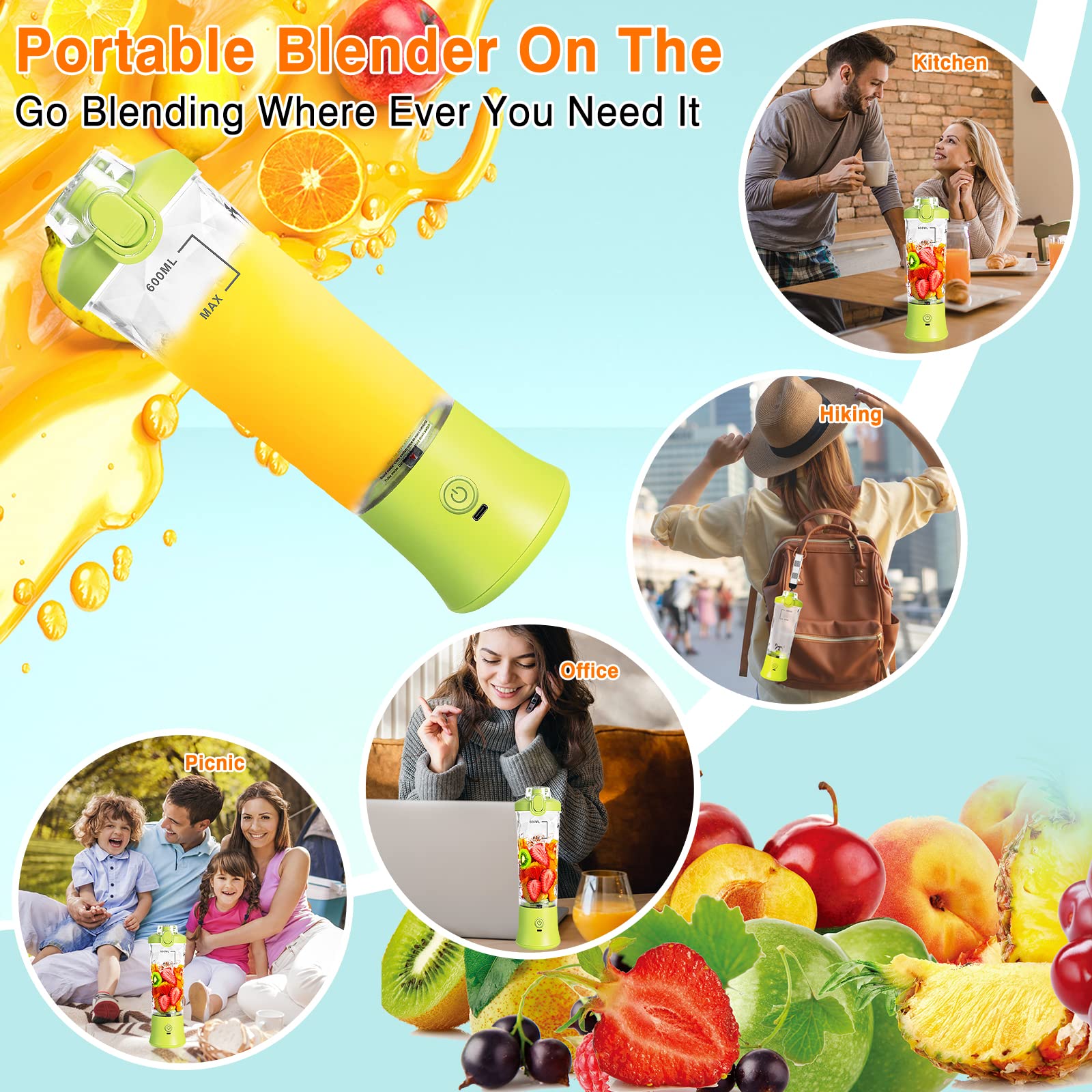 20oz Portable Blender, Personal Size Blender Smoothies and Shakes With 6 Blades, USB Rechargeable Blender Fruit Juicer with 2 Mixing Modes & LED Light, With for Kitchen Outdoor Gym Office (Yellow)