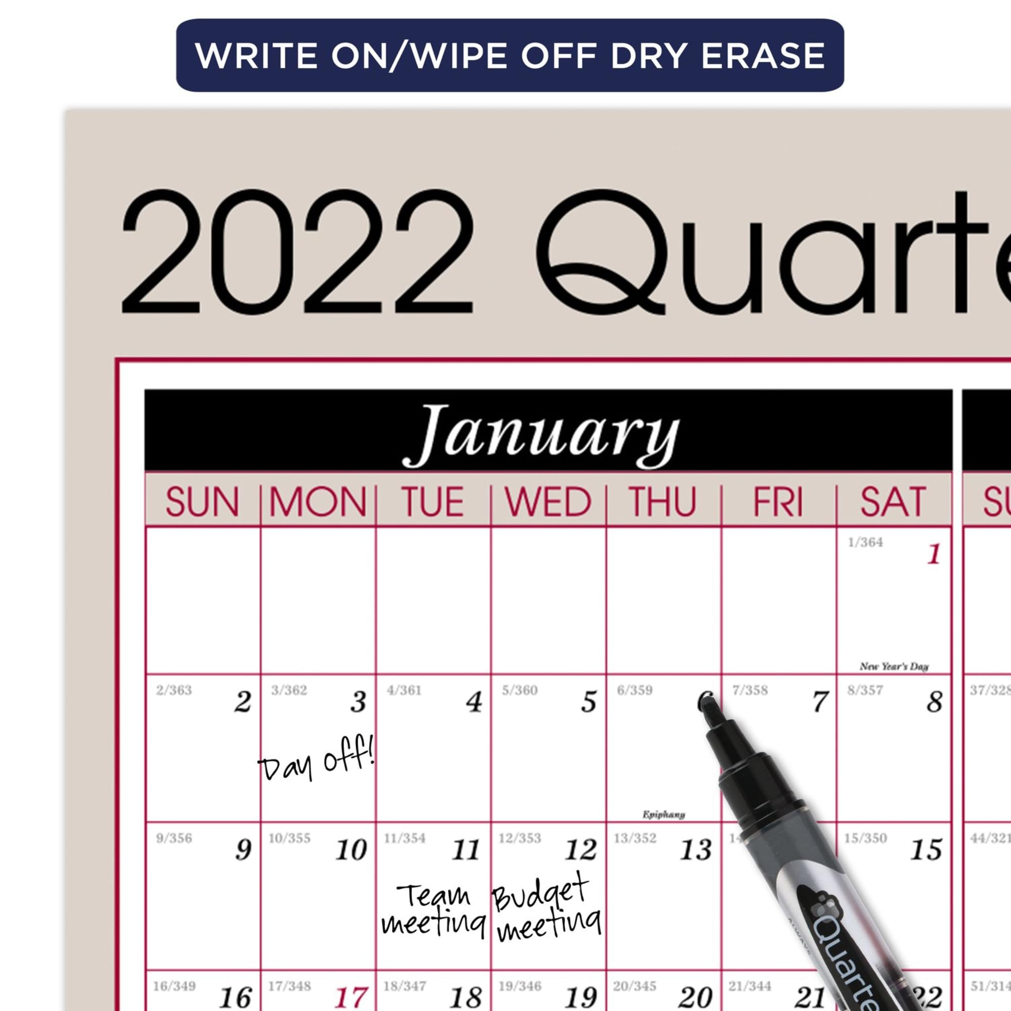 2022 Erasable Calendar, Dry Erase Wall Planner by AT-A-GLANCE, 36" x 24", Large, Vertical/Horizontal, Reversible, Quarterly, Red (A123)