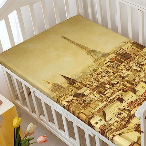 Eiffel Tower Themed Fitted Mini Crib Sheets,Portable Mini Crib Sheets Soft Toddler Mattress Sheet Fitted - Great for Boy or Girl Room or Nursery,24β x38β,Brown
