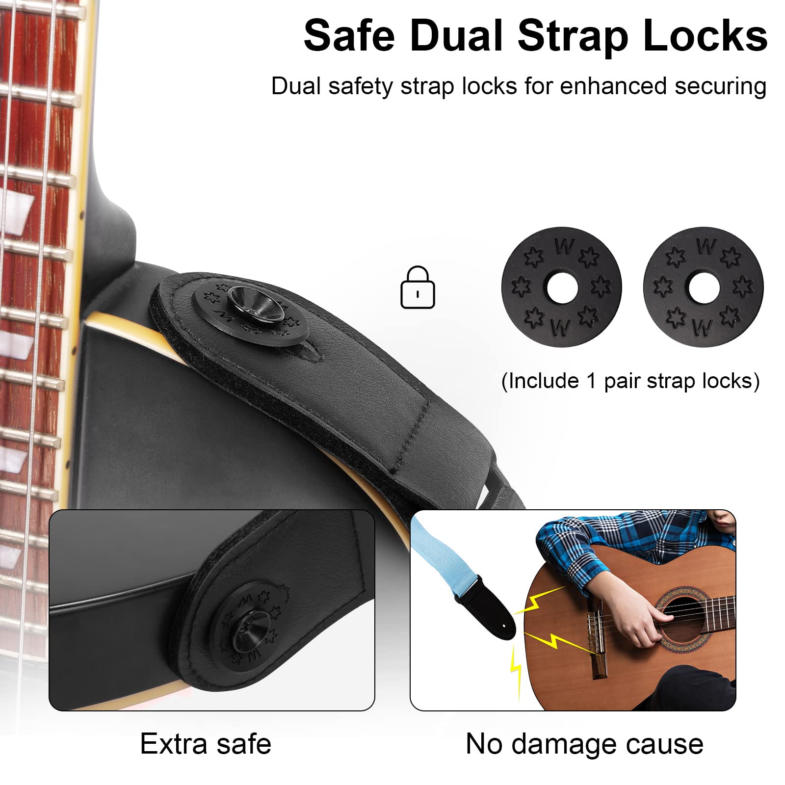 Acoustic Guitar Strap, Fesley Adjustable Guitar Strap for Bass & Electric Guitar, Bionic Leather Acoustic Guitar Strap with 2.8” Wide Memory Foam Pad, Adjustable Length from 43” to 54”, Black