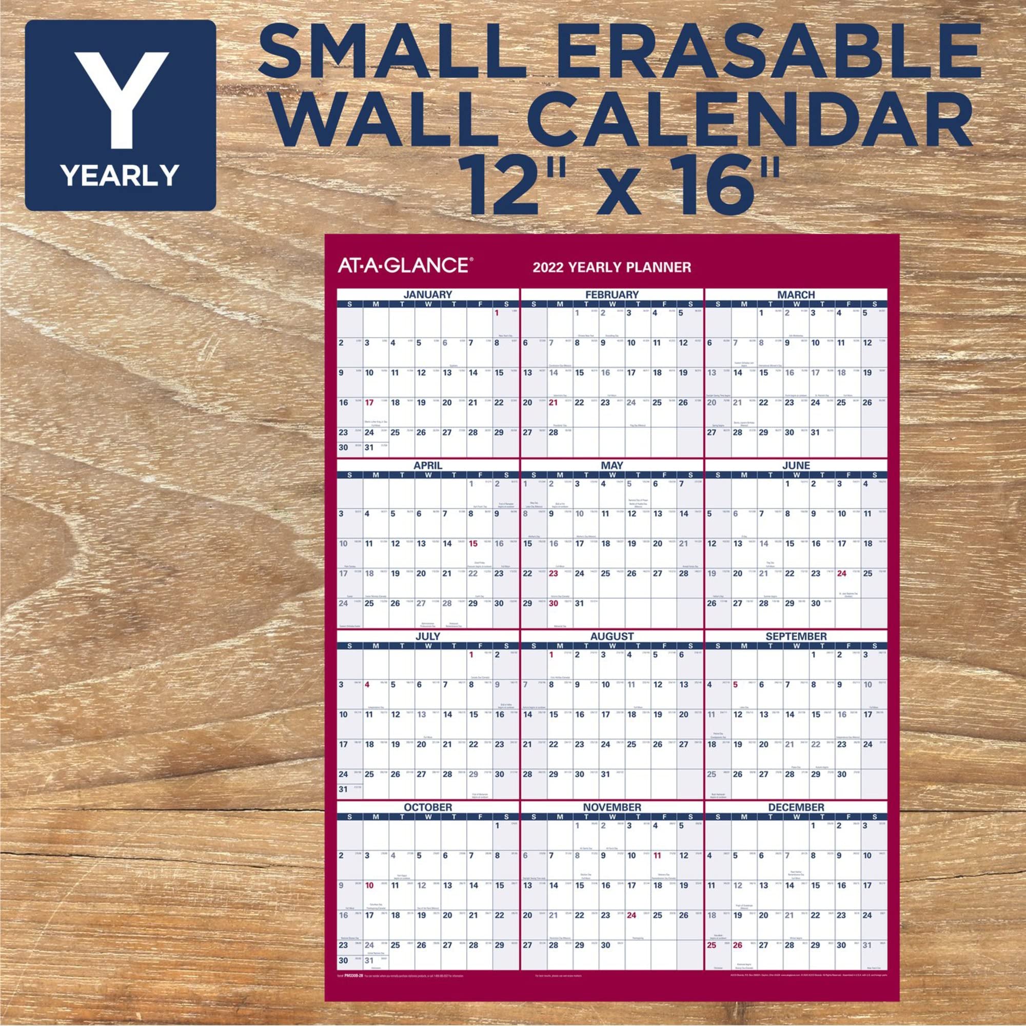 2022 Erasable Calendar, Dry Erase Wall Planner by AT-A-GLANCE, 12" x 16", Small, Vertical/Horizontal, Reversible, Compact (PM330B28)