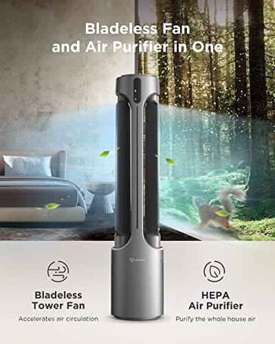 AIRMATE Bladeless Fan & HEPA Filter Air Purifier 2in1 with Remote, Silent 45”Oscillating Pedestal Fan, 5 Modes 24 Speeds, LED Display, 15H Timer, Auto Off, Portable Tower Fan for Bedroom Home Office