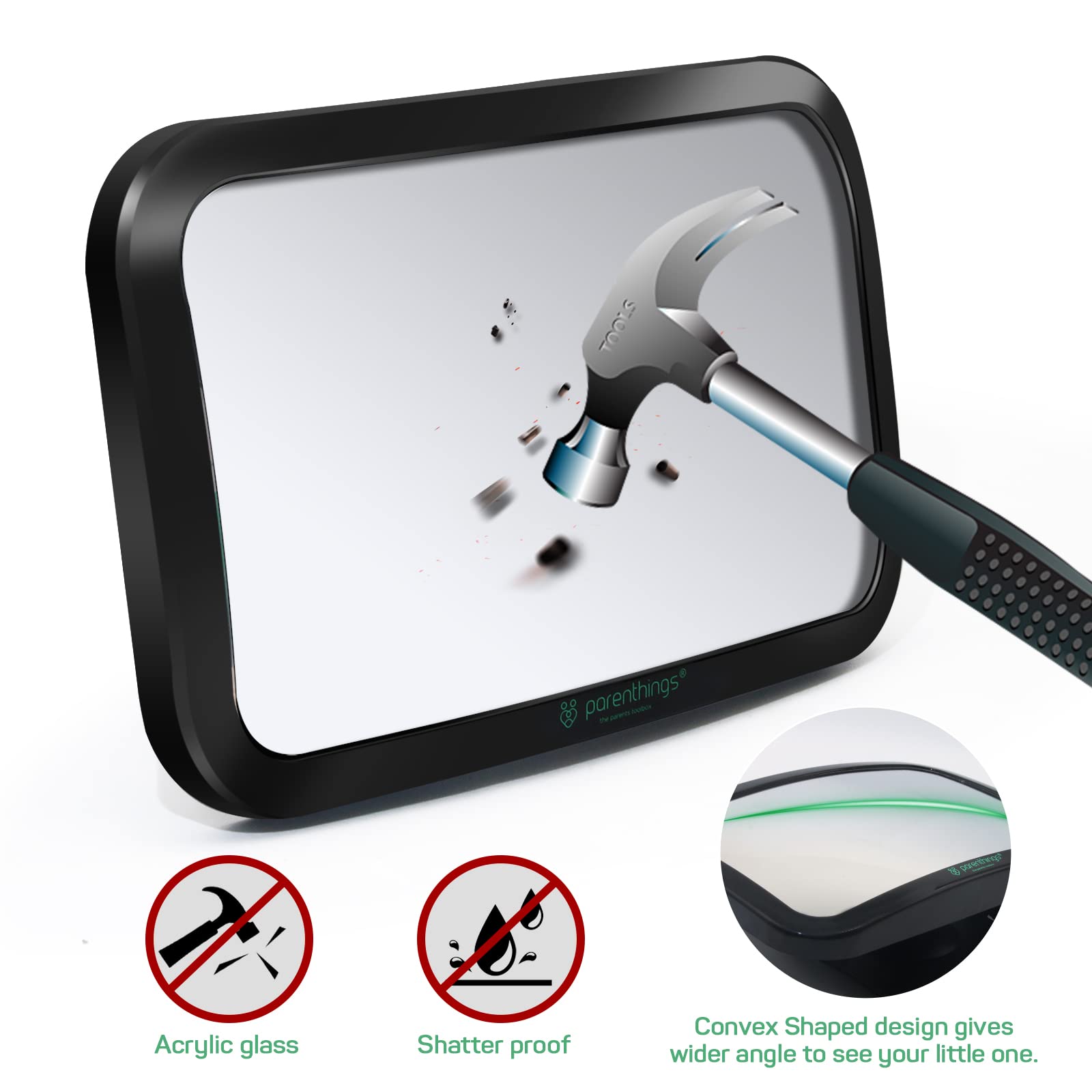 Parenthings® Baby Car Mirror for Back Seat Rear View Monitor-Super Clear Wide View with Acrylic 360° Rotatable Pivot-100% Shatterproof and Stable-Universal Fit Classic Black