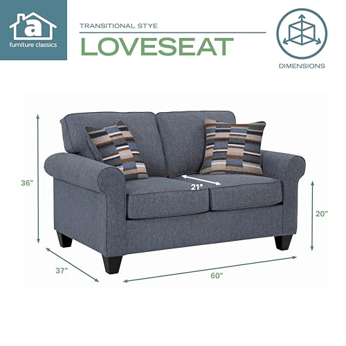 American Furniture Classics Model 8-020-A330V22 Eureka Rolled Arm Loveseat with Two Pillows Love Seats, Blue