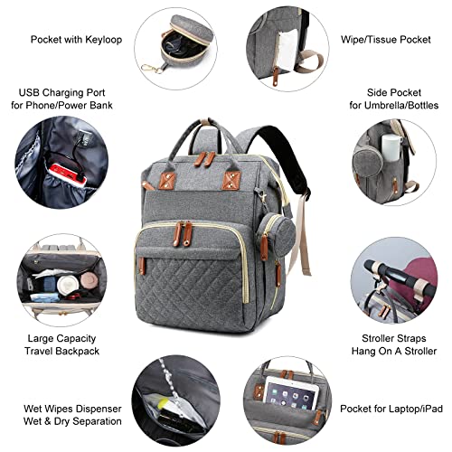 Milecan Diaper Bag Backpack, Unisex Baby Nappy Bags with Changing Pad, Pacifier Case & Stroller Straps&USB Charging Port, Multifunction Waterproof Travel Back Pack for Moms Dads, Grey