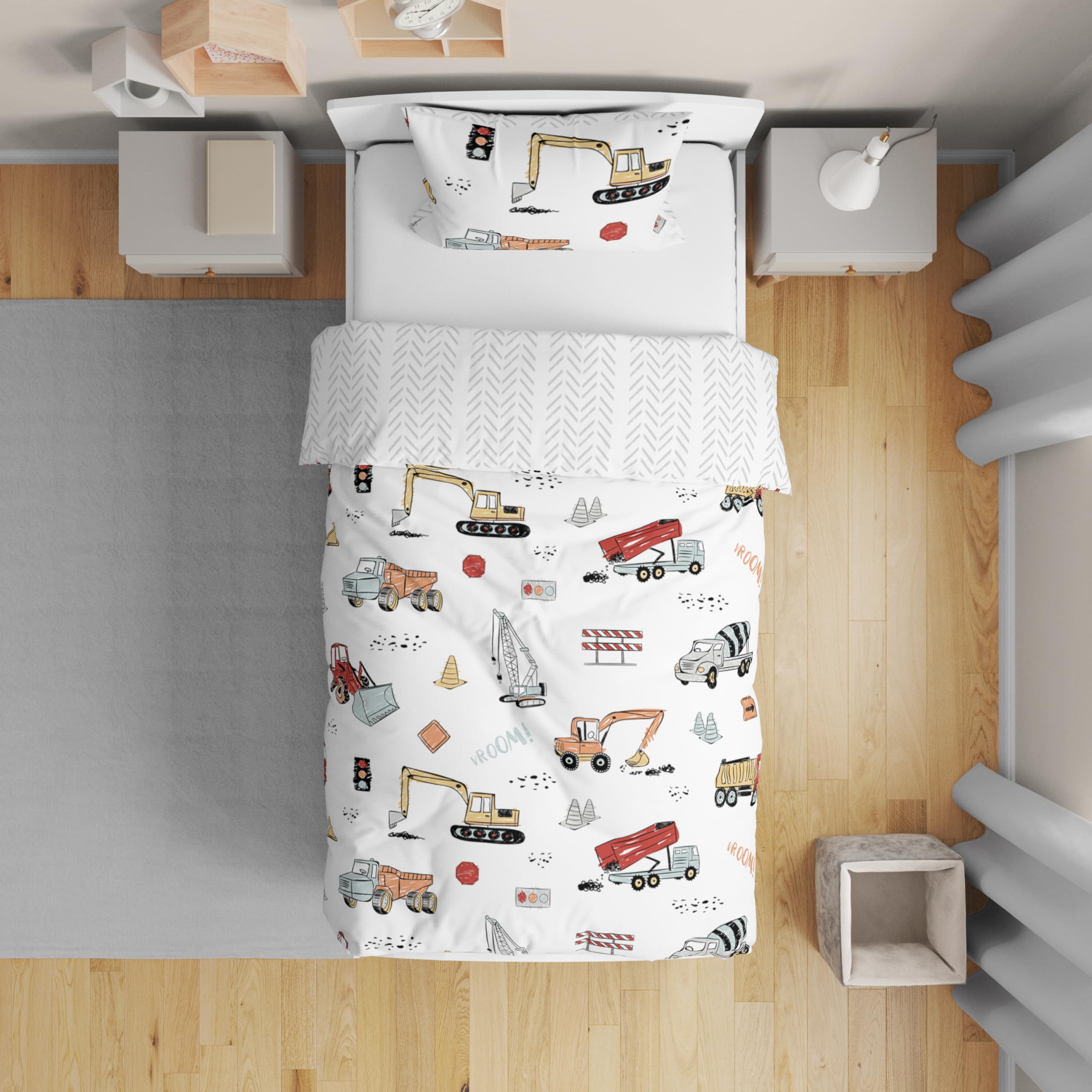 Sweet Jojo Designs Construction Truck Boy Toddler Kid Childrens Comforter Bedding Set - 5 Pieces Comforter, Sham and Sheets - Grey Yellow Orange Red and Blue Transportation Chevron Arrow