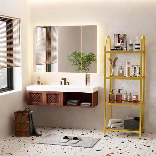 Arbuxzuy 4-Tier Bookcase ,Small Bookshelf ,Narrow Tempered Glass Bookshelves,Slim Shelving Unit for for Living Room, Bedroom, Home Office, Gold