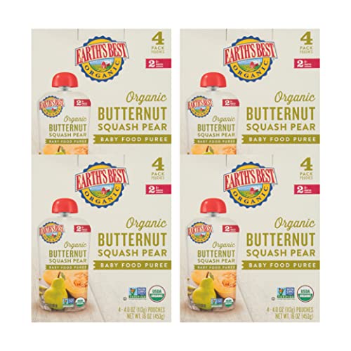 Earth's Best Organic Baby Food Pouches, Stage 2 Fruit and Vegetable Puree for Babies 6 Months and Older, Organic Butternut Squash and Pear Puree, 4 oz Resealable Pouch (Pack of 16)