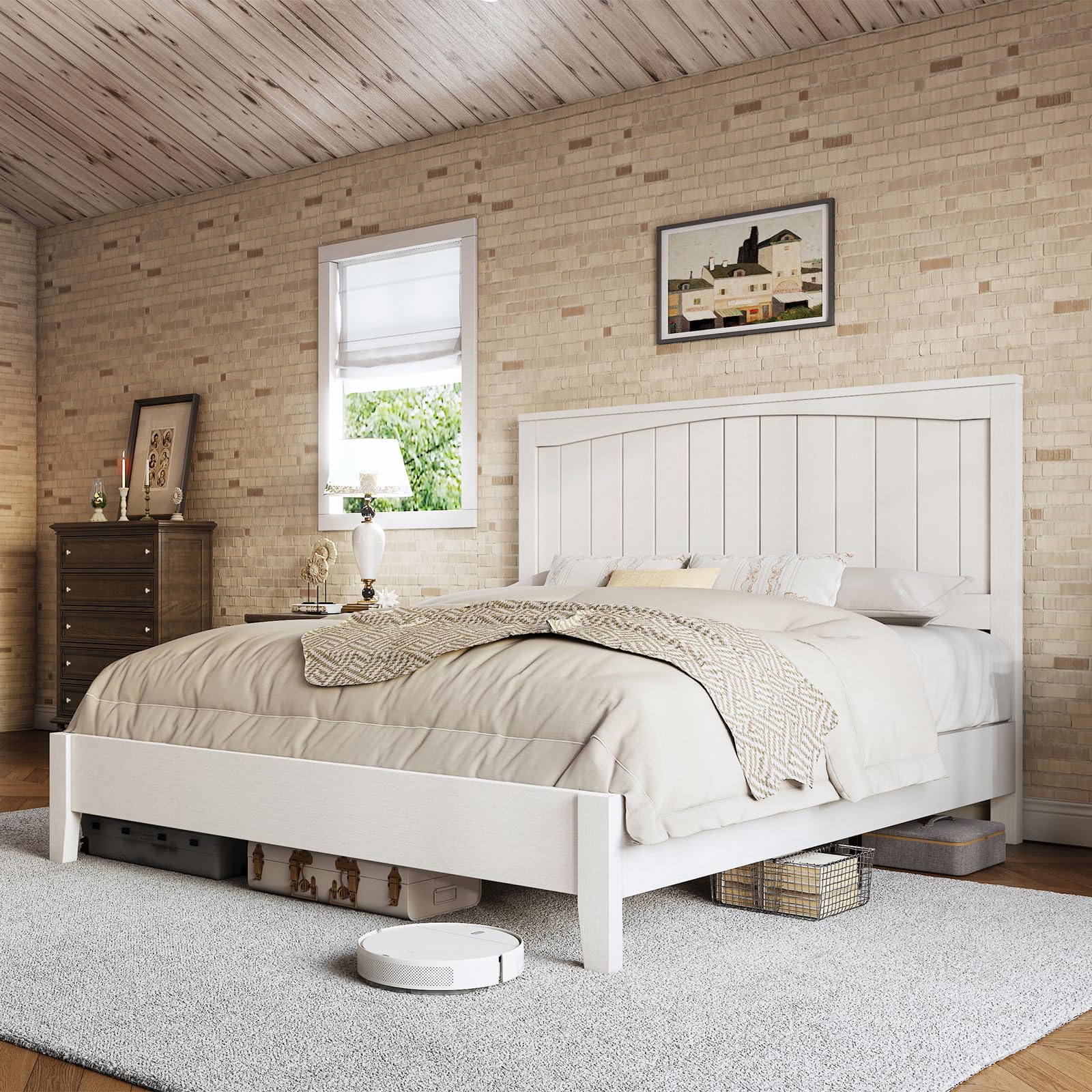 Albott Queen Size Wood Bed Frame with Headboard, Platform Bed Frame with Wood Slat Support No Box Spring Needed/Easy Assembly, Rustic Pine, White