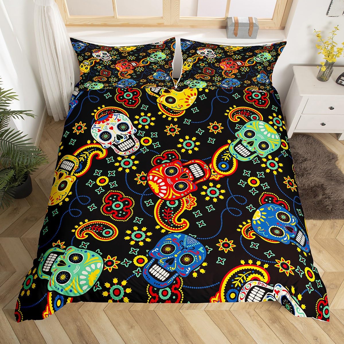 Erosebridal Sugar Skull Bedding Set Queen Size Bohemian Skeleton Duvet Cover Vintage Paisley Comforter Cover Boho Hippie Mandala Bed Sets Trippy Horror Theme Quilt Cover 3pcs Microfiber