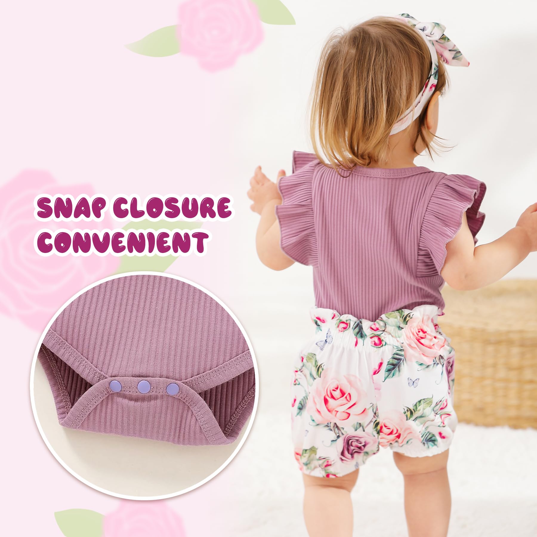 Tiny Cutey Baby Girl Clothes Infant Summer Outfits Set Ruffle Sleeve Romper and Floral Shorts with Headband (Sleeveless Purple, 90, 12_months)