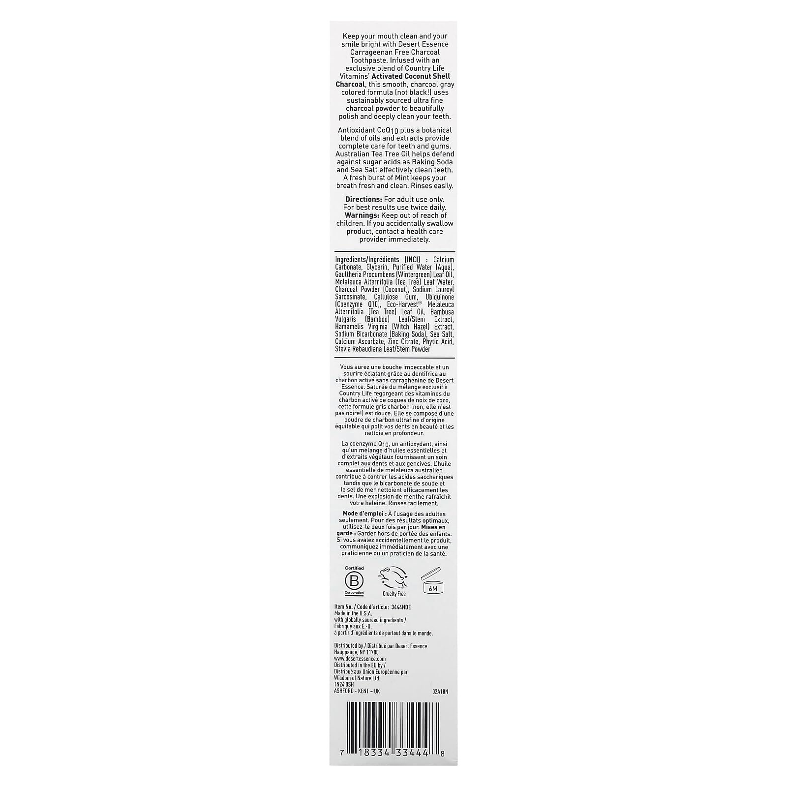 Desert Essence Activated Charcoal Toothpaste - Fluoride and Carrageenan Free - Brighter Teeth and Fresher Breath with Activated Coconut Shell Charcoal, Baking Soda, and Fresh Mint - 6.25 oz