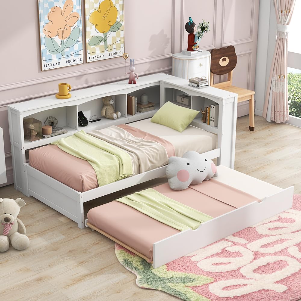 Quarte Twin Size Daybed with Trundle, L-Shaped Storage Cabinets and USB Ports, Wooden Platform Bed for Kids Boys Girls Teens Adults (White+USB Ports)